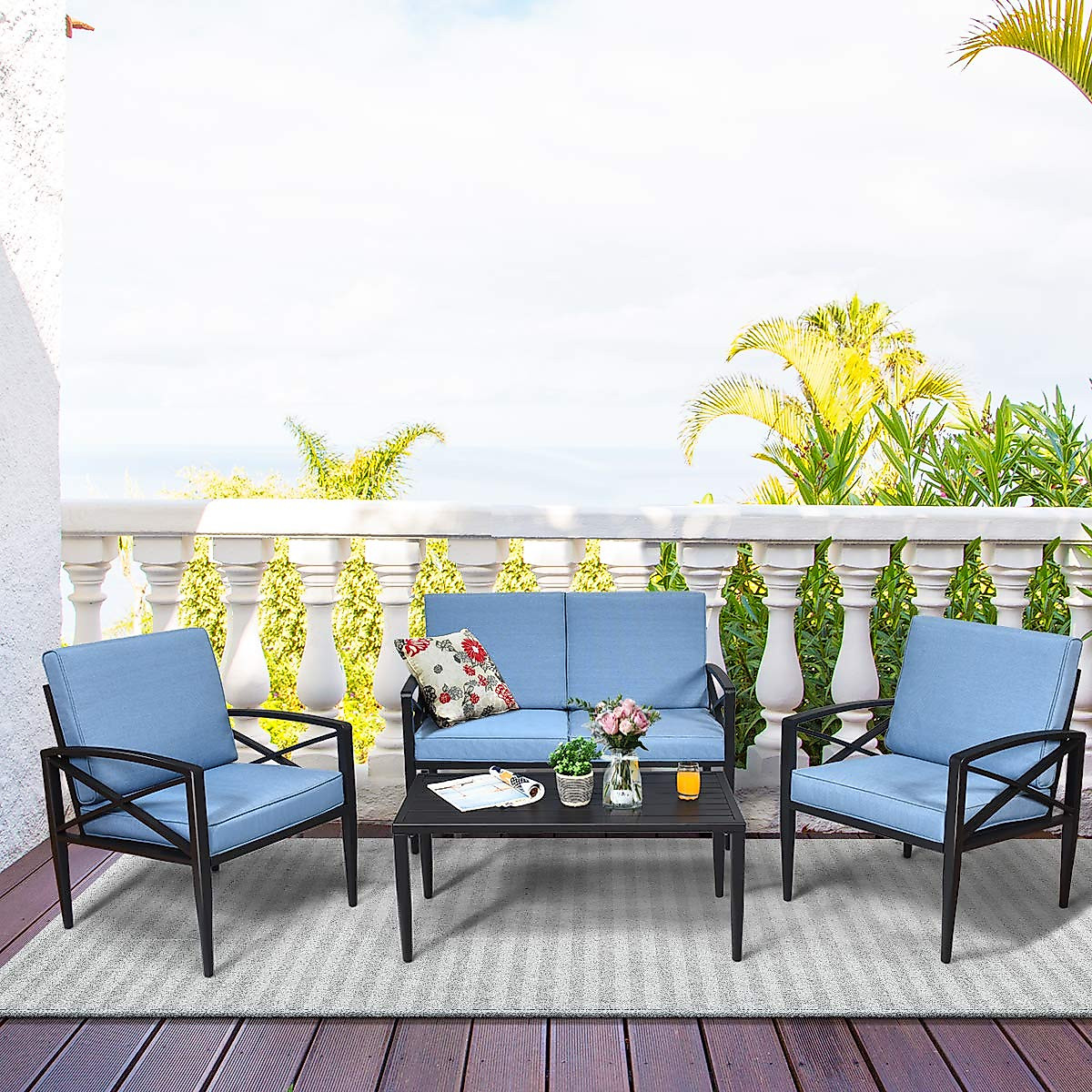 Tangkula 8PCS Outdoor Aluminum Patio Conversation Set, Patio Sofa Set 2 Loveseat, 4 Single Sofas, 2 Coffee Table, Outdoor Furniture Set w/Padded Cushions for Garden, Yard, Pool, Backyard (2, Blue)