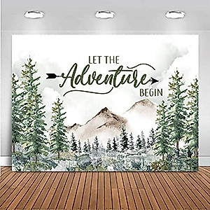 Mocsicka Adventure Awaits Baby Shower Backdrop Pine Tree Mountain Wilderness Adventure Woodland Animals Background Vinyl Let The Adventure Begin Party Photography Backdrop for Photoshoot (7x5ft)