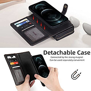 Misscase Compatible with iPhone 12 Pro Max Wallet Case,Multi-Function Wallet Case,2 in 1 Detachable Magnetic Wallet Case with Card Holder,PU Leather Kickstand Flip Cover with Lanyard Black