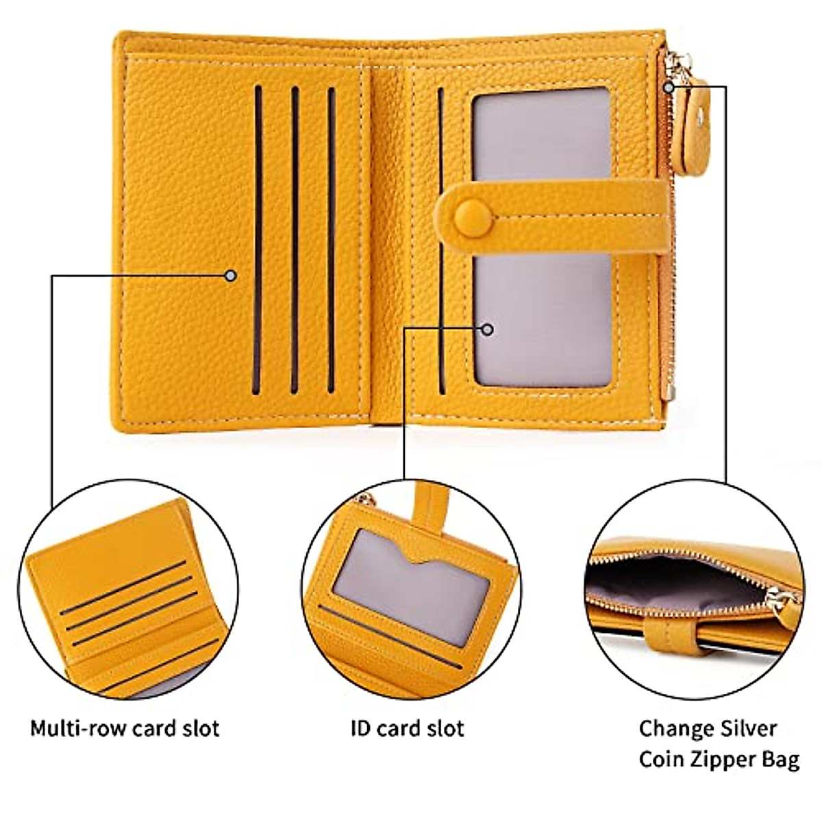 HKCLUF Small Wallet for Women,Genuine Leather Minimalist Bifold Wallets Ladies Credit Card Holder Coin Purse Mini Wallet With ID Window (Yellow)