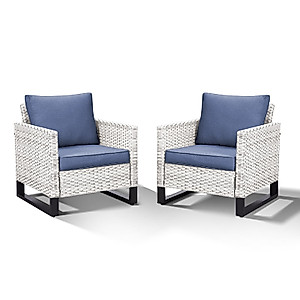 HUMMUH Outdoor Chairs PE Wicker Patio Dining Chairs Set of 2 Metal Frame Porch Chairs with 4 inch Seat Blue Cushions
