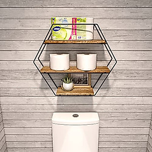 TFER Floating Shelves Wall Mounted Hanging Shelf Hexagon Rustic Farmhouse Shelves for Wall Decor,Storage | Metal Bracket and Reclaimed Natural Wood Shelf for Living Room,Bedroom,Bathroom,Kitchen