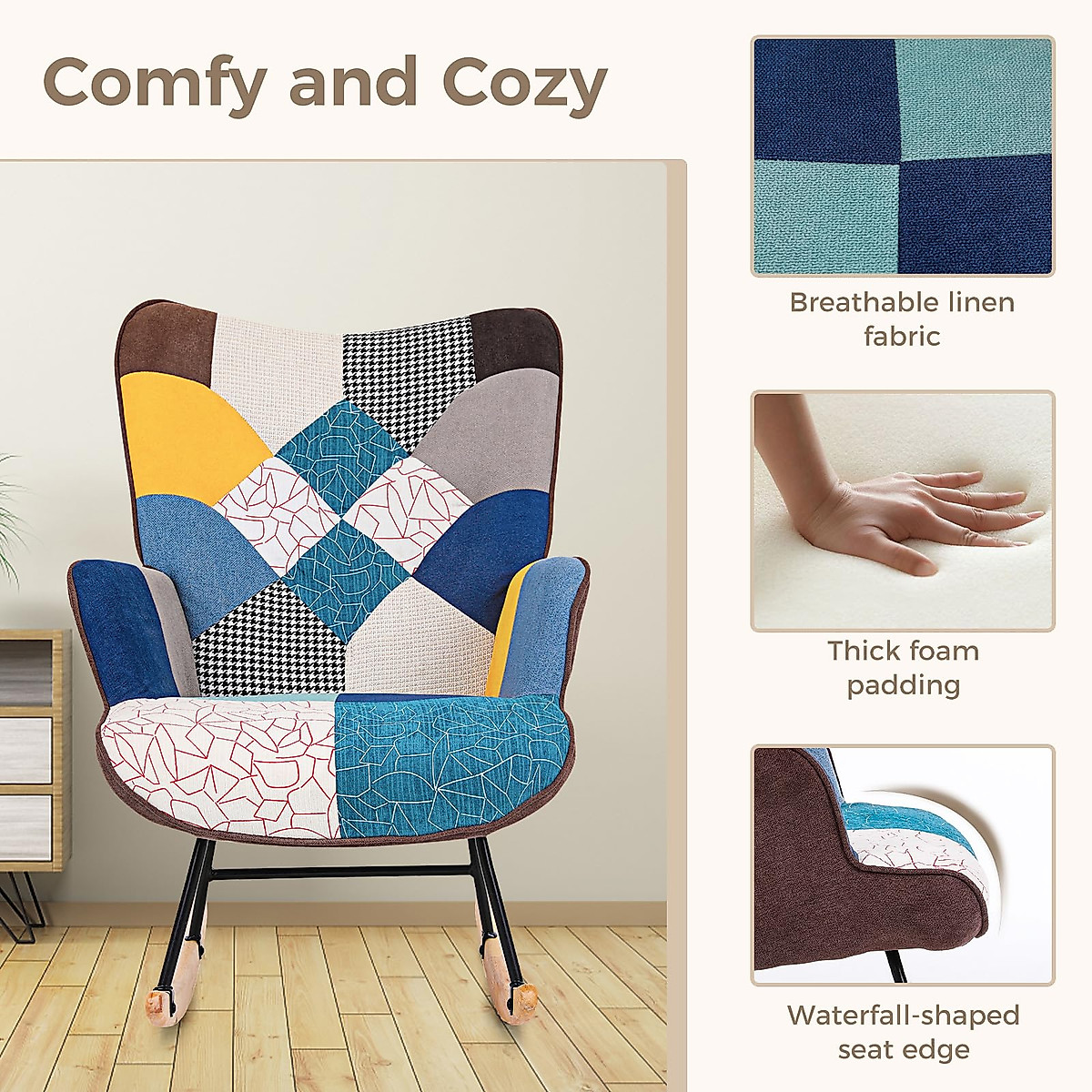 Unovivy Rocking Chair with Ottoman, Upholstered Nursery Armchair with Foot Rest, Nursing Glider Rocker with Backrest & Wooden Base, Small Gliding Seat for Bedroom, Living Room, Balcony