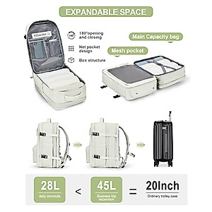 Large Travel Laptop Backpack, Expandable Flight Approved Backpack, Carry on Backpack for Women, Waterproof 17inch Laptop Hiking Backpack with Shoe Compartment, Moon White