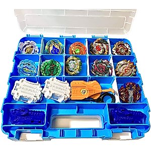 HOME4 Double Sided No BPA Toy Display Storage Container Box - Compatible with Mini Toys, Small Dolls, Tools Beyblade - Heavy Duty Organizer Carrying Case - 34 Adjustable Compartments (Blue)