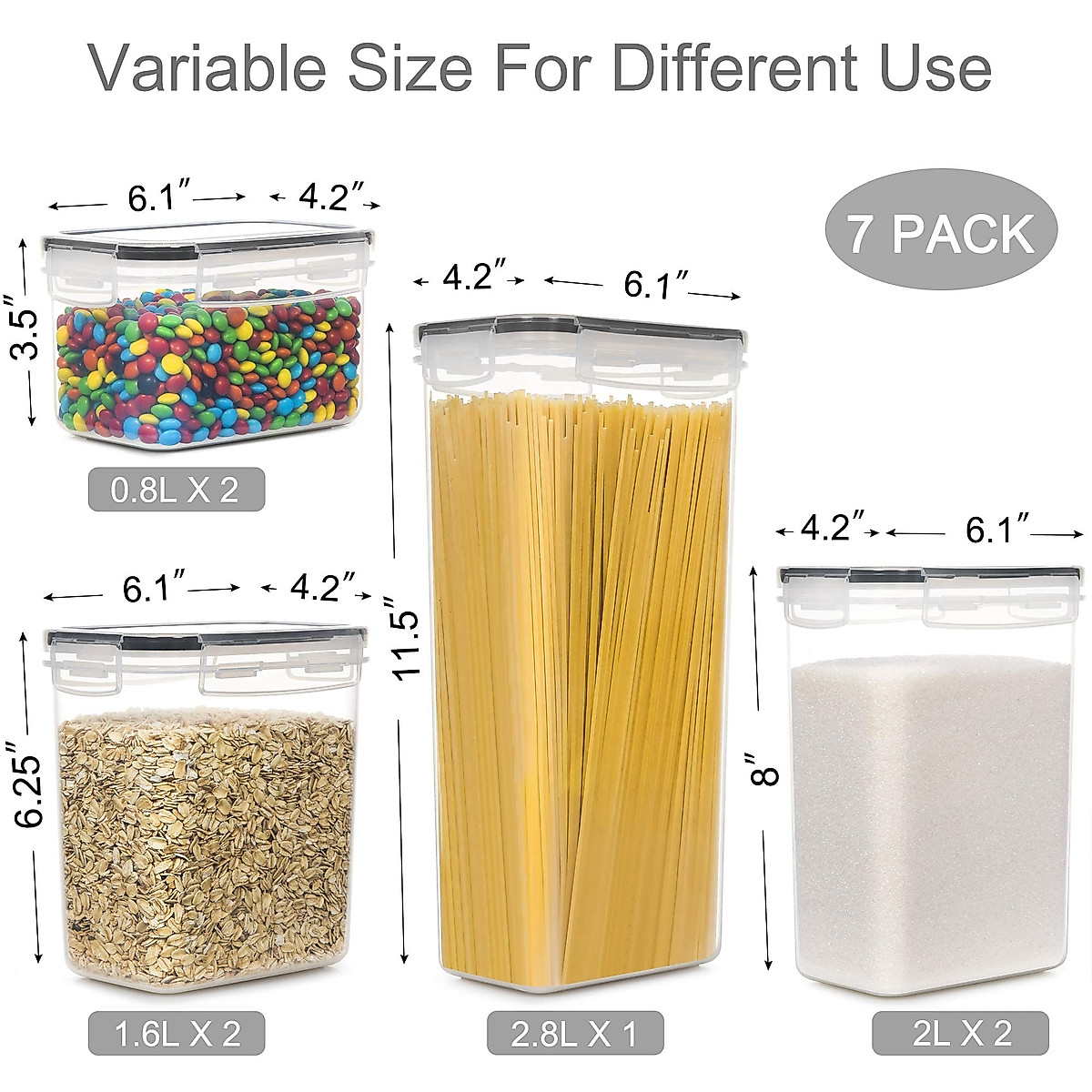 7 PACK Airtight Food Storage Containers With Lids, BPA Free Kitchen Storage Containers for Spaghetti, Pasta and More, Plastic Canisters for Pantry Organization and Storage（Attached sticker）