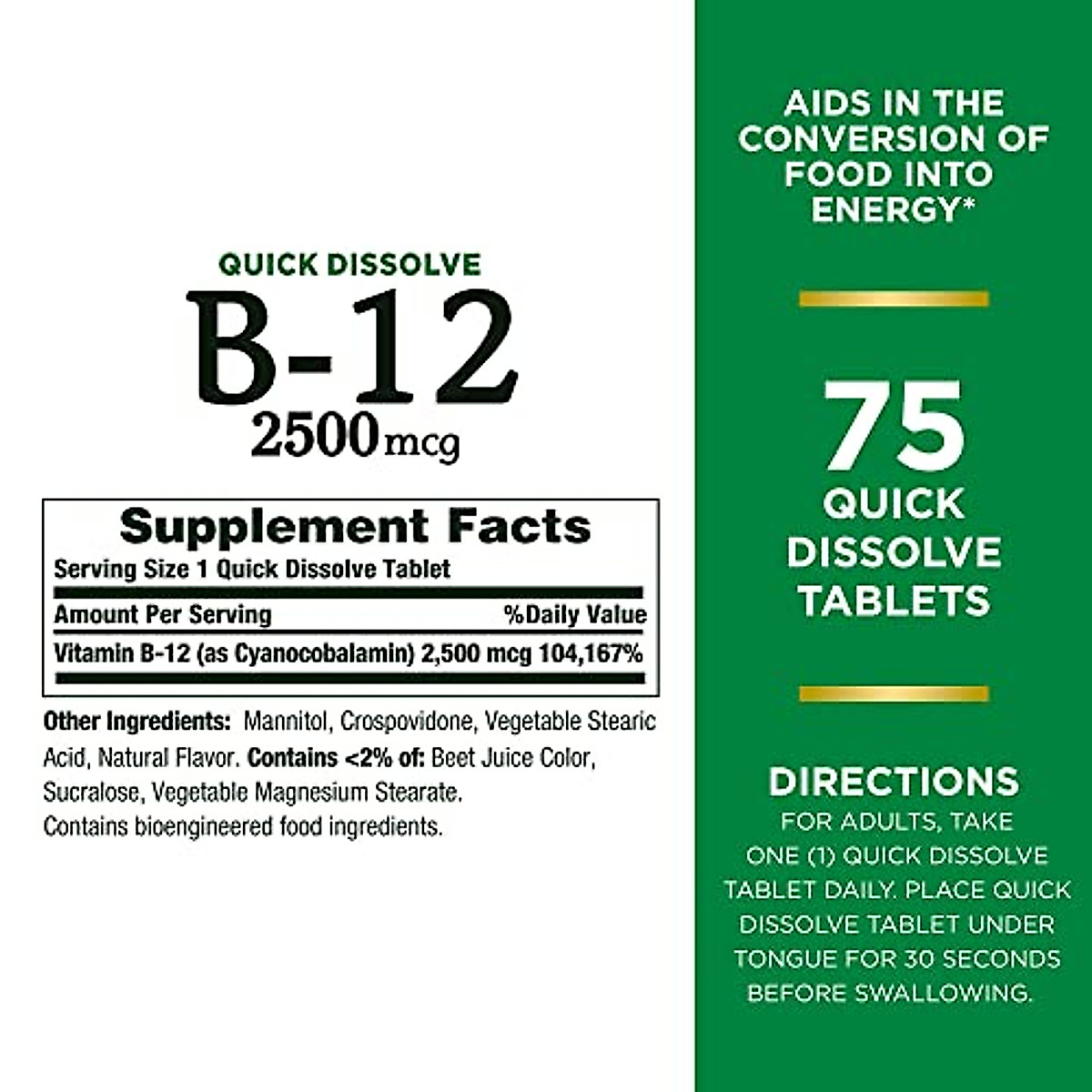Nature’s Bounty Vitamin B12 2500 mcg, Cellular Energy Support, For Energy Metabolism, Heart & Nervous System Health, 75 Quick Dissolve Tablets