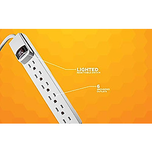 Woods 41434 Power Strip with 6 Outlets and Overload Safety Feature, 6 Foot Cord, White