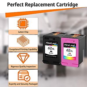 NineLeaf 3 Pack Remanufactured Ink Cartridge Replacement for HP 62XL 62 XL use in Envy 5540 5640 5660 7644 7645 OfficeJet 5740 8040 OfficeJet 200 250 Series Inkjet Printer（2 Black 1 Tri-Color