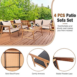 DORTALA 4 Piece Wicker Patio Furniture Set, Outdoor Acacia Wood & Rattan Coversation Sets with Chairs, Loveseat, Coffee Table for Backyard Porch Garden Poolside Balcony, Brown