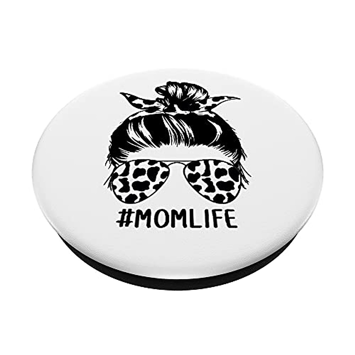 Cow Print Messy Bun Mom Life Mama Cow Black White Animal PopSockets Swappable PopGrip