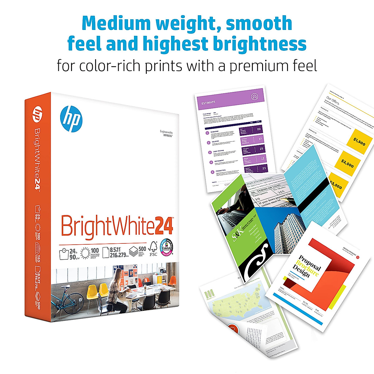 HP Printer Paper | 8.5 x 11 Paper | BrightWhite 24 lb |1 Ream - 500 Sheets| 100 Bright | Made in USA - FSC Certified | 203000R