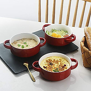 Sweejar Ceramic Soup Bowls with Double Handles, 20 Oz Stacked Bowls for French Onion Soup, Cereal, Pot Pies, Stew, Chill, Pasta, Set of 4 (Red)