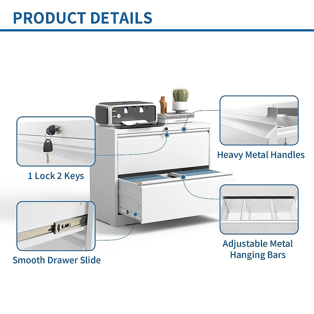 Yukimo Lateral File Cabinet with Lock, Metal File Cabinets for Home Office Legal/Letter A4 Size, File Cabinet with 2 Drawer Storage Cabinet, White