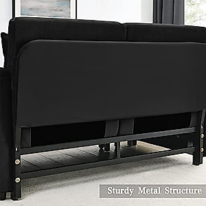 KIVENJAJA Convertible Sleeper Sofa Bed, Modern Velvet Loveseat Couch with Pull Out Bed, Small Love Seat Futon Sofa Bed with Headboard, 2 Pillows & Side Pockets for Living Room, 54” (Black)