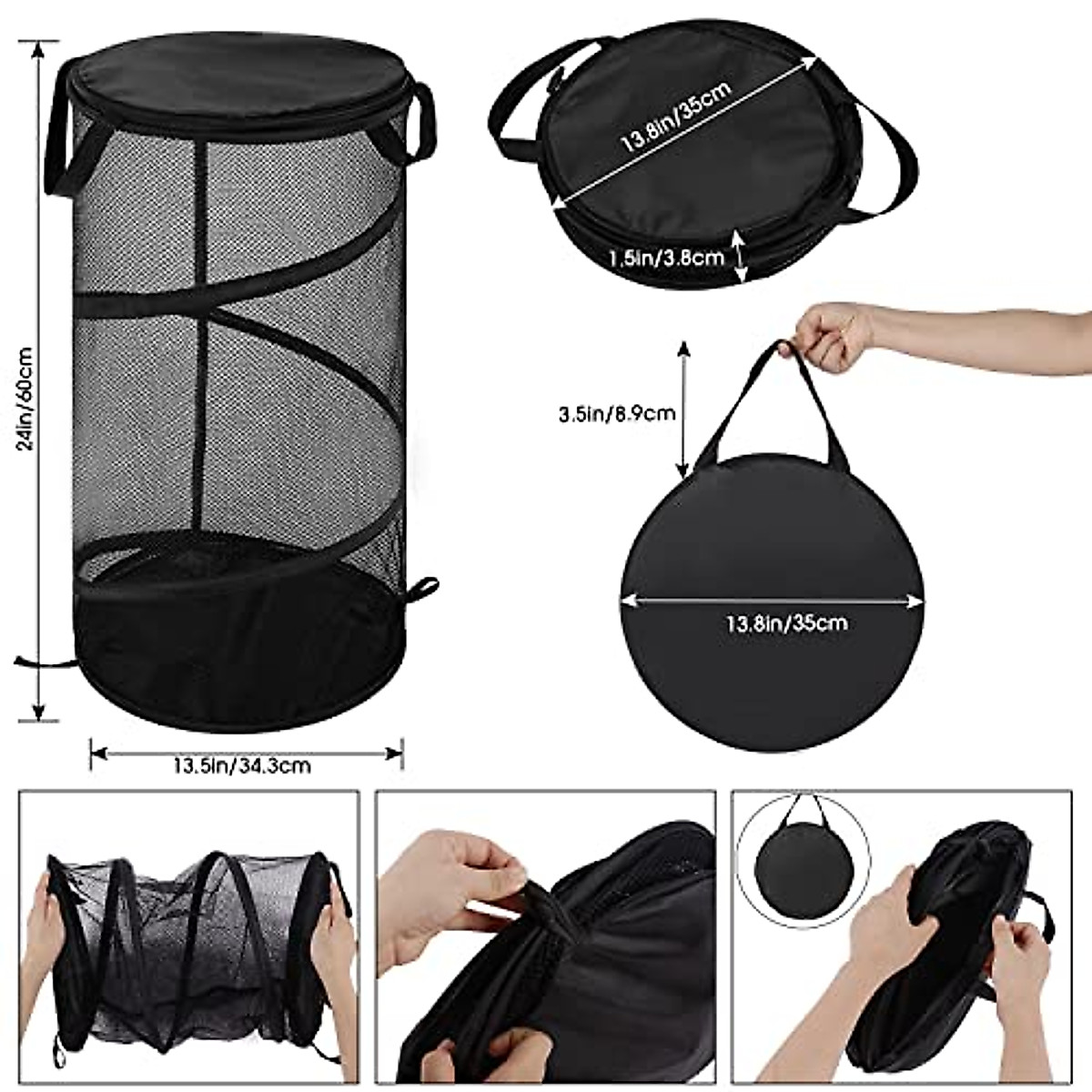 BATTOO Large Collapsible Laundry Basket with Lid Foldable Mesh Pop Up Hamper with Handles for Laundry Room, Bathroom, Kids Room, College Dorm, Travel, Storage Organizer Black
