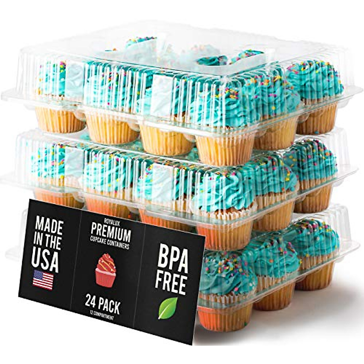 Royalux Cupcake Containers Plastic Disposable [12 Cavity x 24 Pack] - BPA Free Cupcake Boxes 12 - USA Made Cupcake Holder - High Dome Cupcake Container - Cupcake Holders Disposable Cupcake Carrier