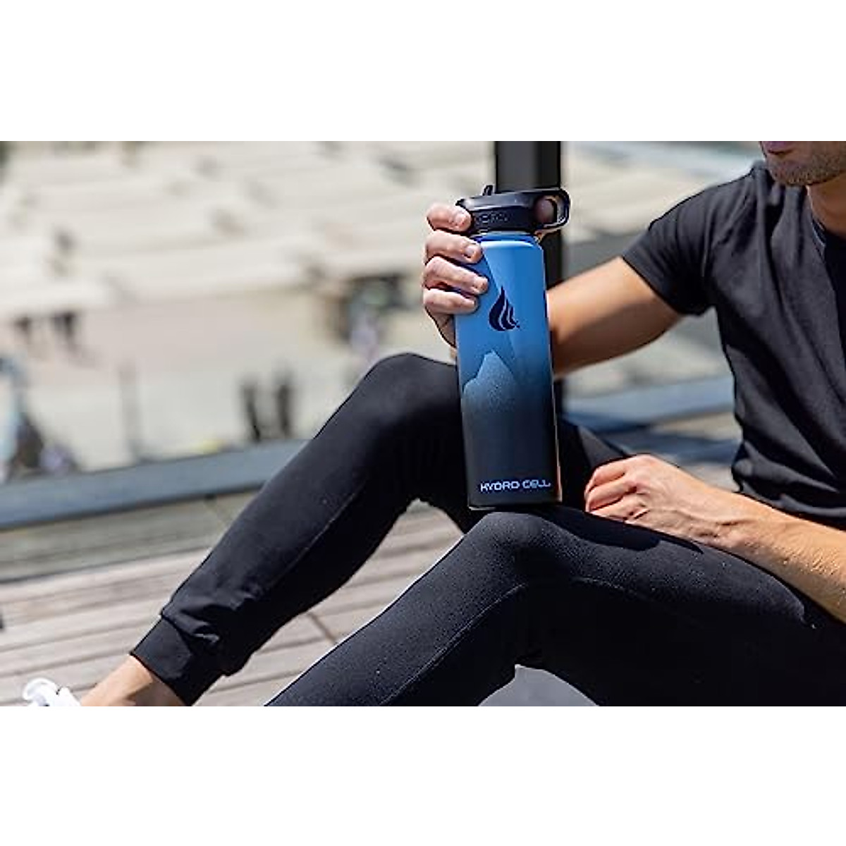 HYDRO CELL Stainless Steel Insulated Water Bottle with Straw - For Cold & Hot Drinks - Metal Vacuum Flask with Screw Cap and Modern Leakproof Sport Thermos for Kids & Adults (Blue/Black 24oz)