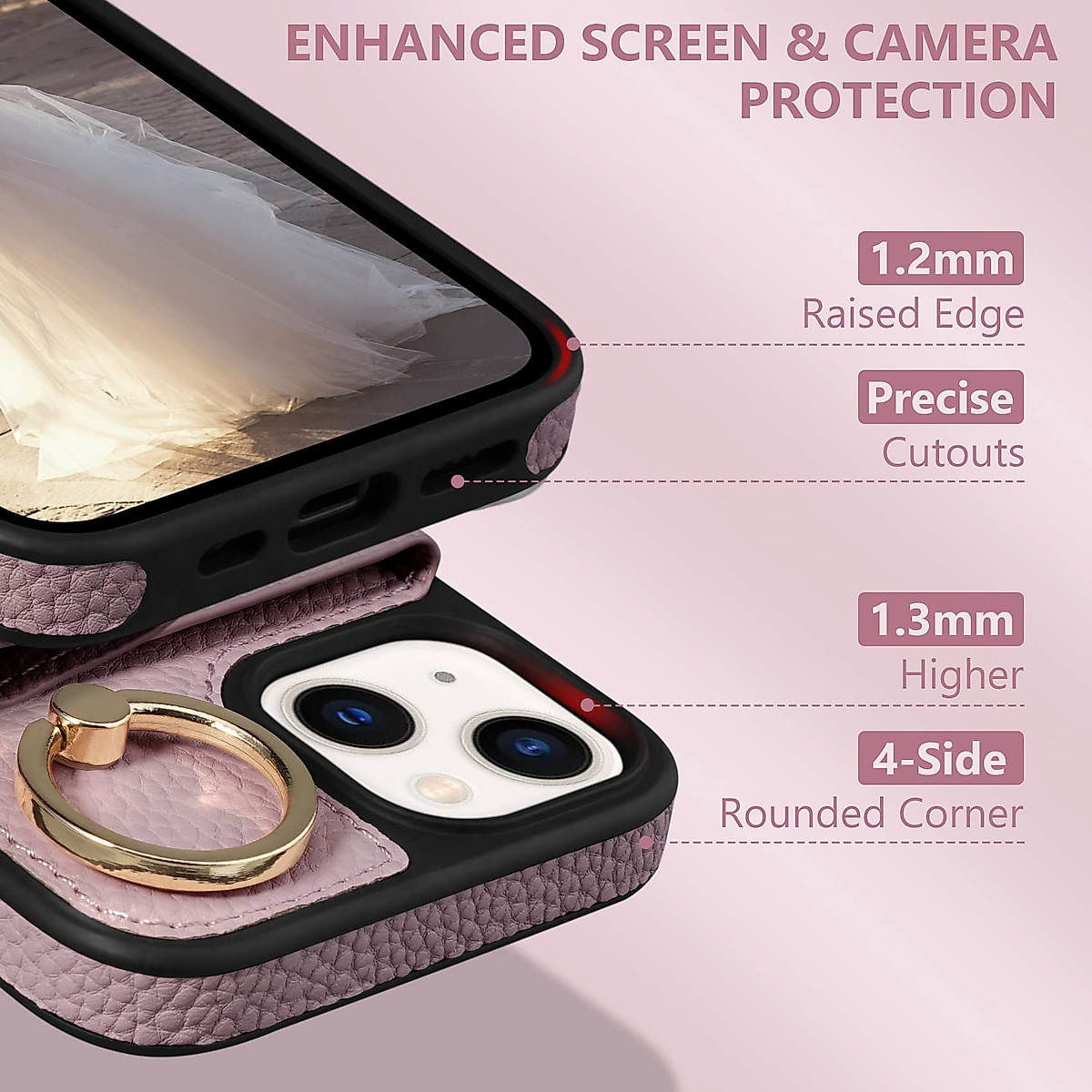 Keallce Case for iPhone 13 6.1'' Wallet Case, Flip Leather Case with 4 Card Holder, [Stand Ring Holder Kickstand] Protective Folio Phone Cover for Women Ladies Compatible with iPhone 13 2021 5G, Pink