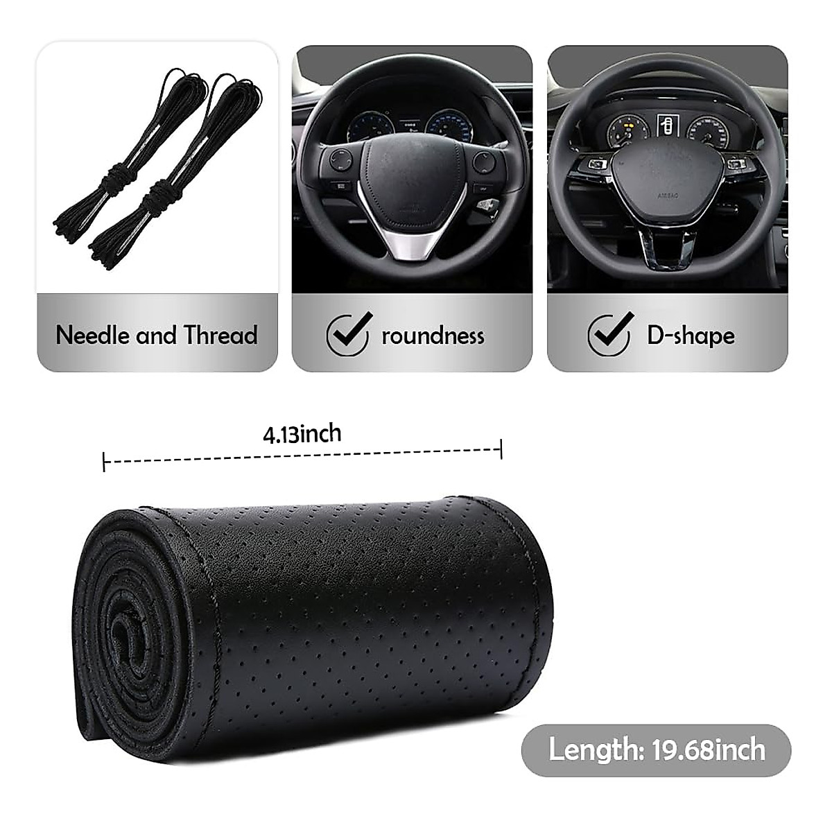 Car Stitch Steering Wheel Cover,Leather Steering Wheel Wrap with Needle and Thread,Anti Slip DIY Kit Steering Wheel Cover Men & Women for Car Interior Decoration (Black)