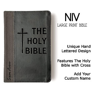 Hand Lettered and Laser Engraved NIV Black/Gray Leathersoft Bible, Custom Name Engraving Available, Personalized Gift for Wedding, Baptism, Graduation or Birthday