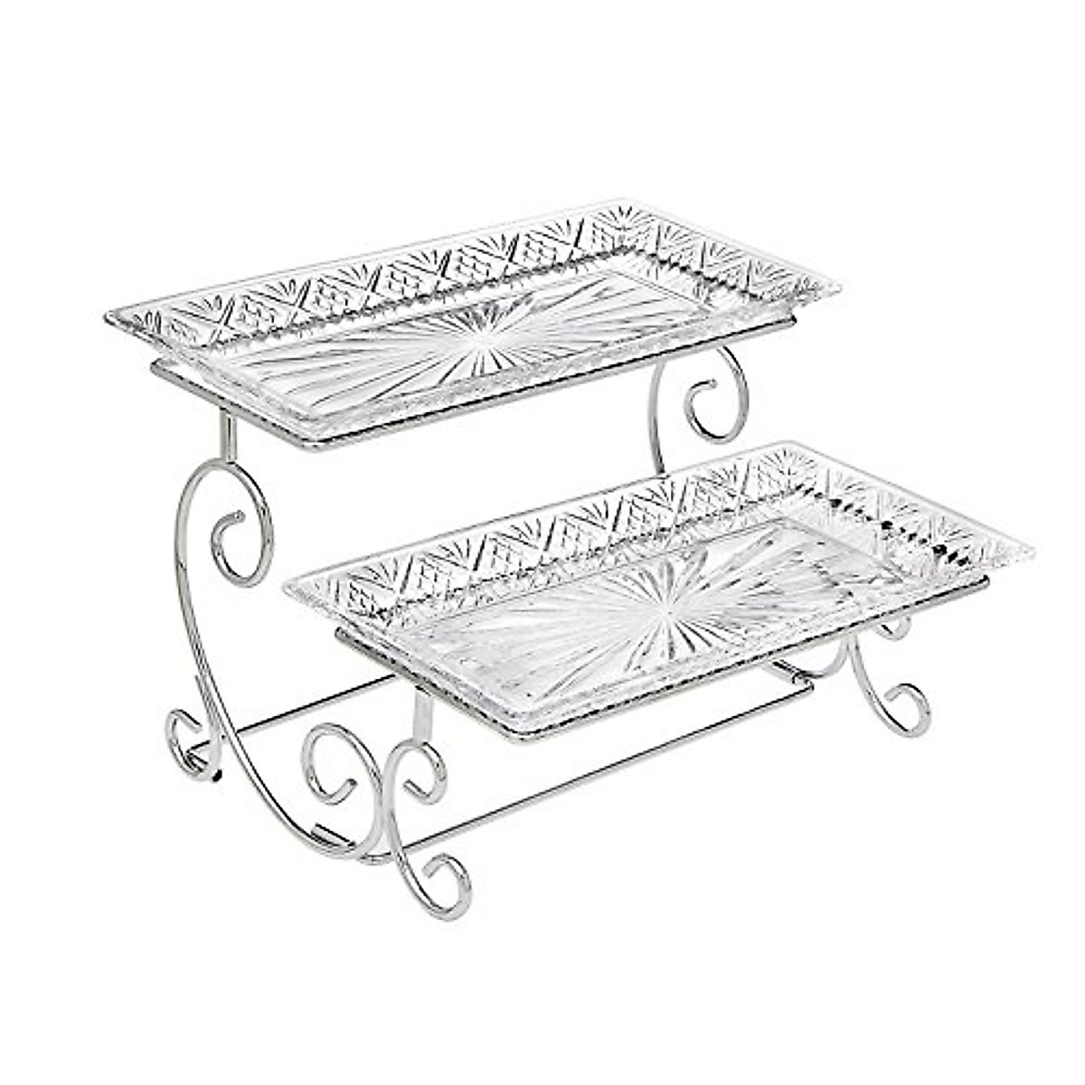 Godinger Silver Art Dublin 2 Tiered Glass Buffet Serving Tray - Chrome Plated Platter Stand with Starburst Design - Party and Event Dessert and Food Display Server