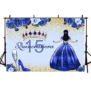 Sendy 10x7ft Quinceanera Backdrop for Girl Happy 15th Birthday Background Blue Flowers High Heels Crown Princess Birthday Party Decorations Photography Props Banner