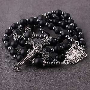 HanlinCC 6mm Black Glass Beads with 4mm Hematite Black Stone Beads Rosary Necklace with Miraculous Center piece and Crucifix pack in Velvet Gift Bag for Men and Women