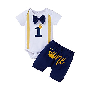 Viworld Baby Boy 1st Crown Birthday Shorts Set Infant Boy Gentleman Bow Tie Romper + One Shorts Cake Smash Outfits
