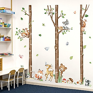 decalmile Large Birch Tree Forest Animals Wall Stickers Bear Rabbit Fox Deer Wall Decals Baby Nursery Toddler Bedroom Living Room Wall Decor(H: 63inches/ 160cm)