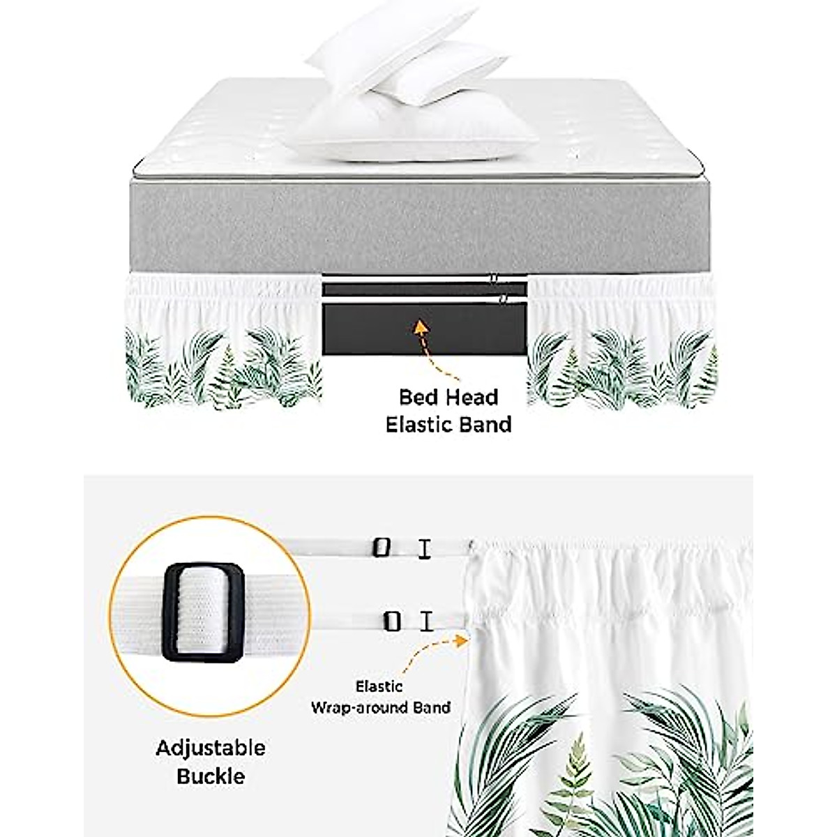 Tropical Bed Skirt Queen Size 16 Inch Drop,Adjustable Elastic Wrap Around Bed Skirts Pleated Luxury Dust Ruffles for Twin Full Queen Cal King Base Bed,Country Rustic Green Palm Tree Leaves Eucalyptus