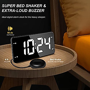Digital Loud Alarm Clock for Heavy Sleepers Adults with Bed Shaker - Ideal for Hearing Impaired People - Dual Alarm Settings & 2 USB Charger - 7 Inch Display (Black with White Digit)