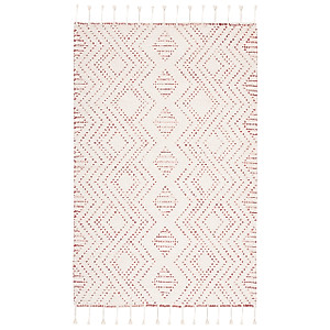 SAFAVIEH Natura Collection Accent Rug - 4' x 6', Ivory & Red, Handmade Moroccan Boho Farmhouse Tribal Braided Tassel Wool, Ideal for High Traffic Areas in Entryway, Living Room, Bedroom (NAT184A)