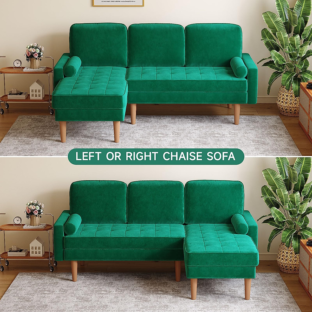 ONBRILL L Shaped Couch, Velvet L Shaped Sofa with Convertible Chaise, Sectional Sleeper Couch w/Tufted Sponge Cushion & 2 Bolster Pillows, Comfy L Shape Couch for Living Room, Small Space, Green