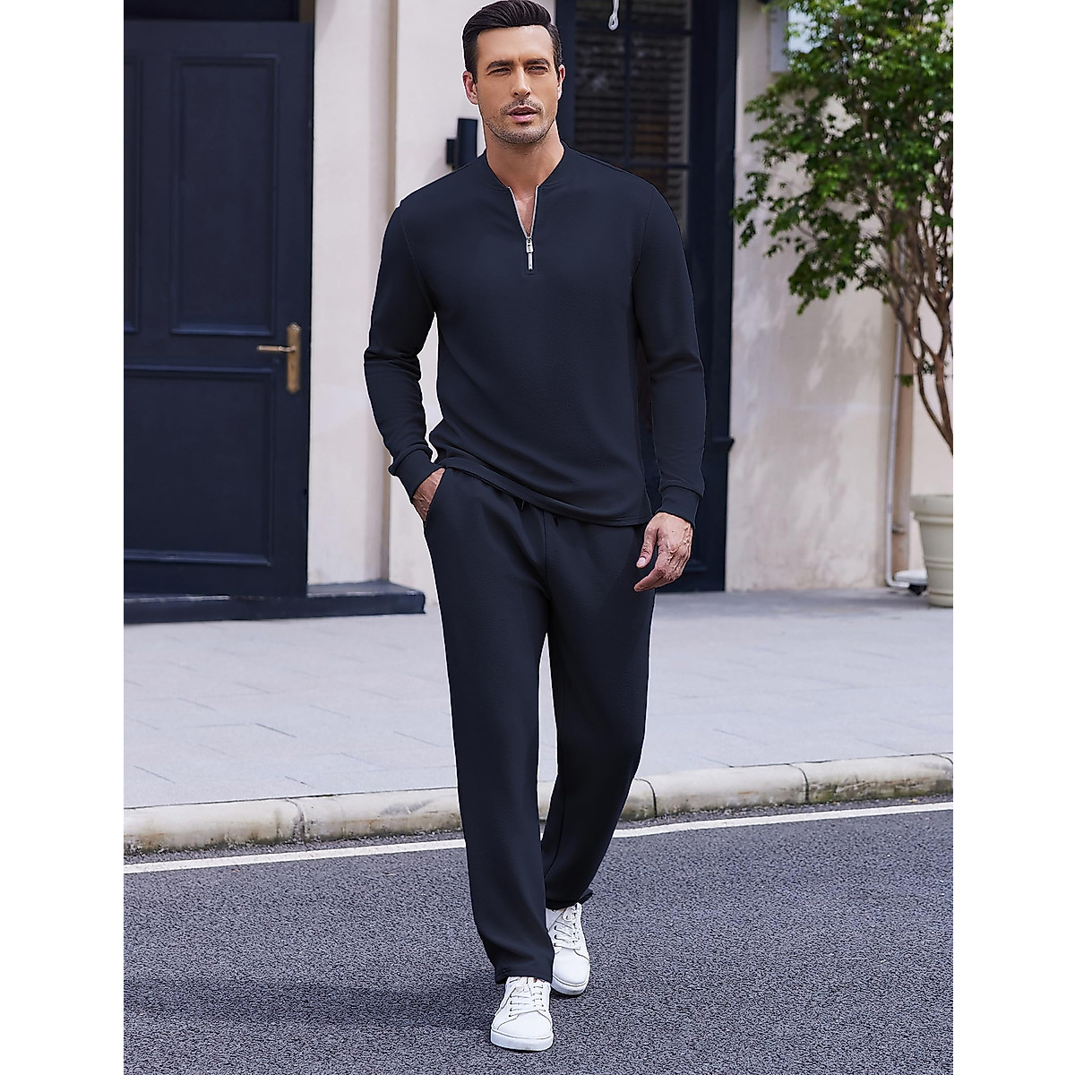 COOFANDY Men's Tracksuit 2 Piece Set Quarter Zip Polo Sweatsuit Athletic Long Sleeve Casual Sports Outfits Running Blue