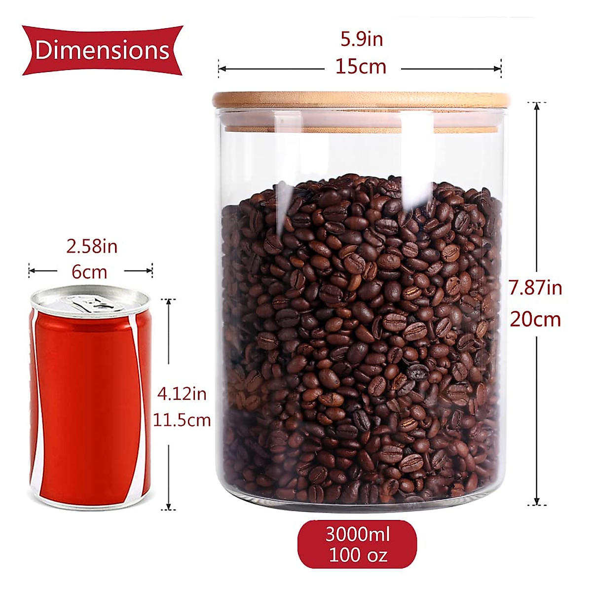 CZFWin Set of 2 Glass Flour Container with Airtight Bamboo Lid, Large Glass Food Jar with Wooden Lid for Storage Flour, Sugar, Cookies, Rice, Coffee Beans(3L)