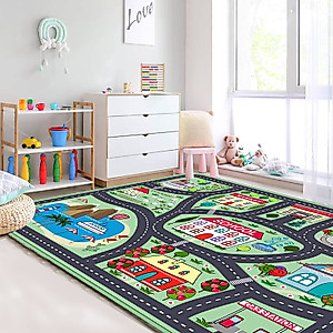 LTKOUGFAM kids Playmat Car Rug, Kids Play Rugs Town City Road Map Rug, Large Educational Kids Car Mat, Boys Kids Car Track Play Rug, Kids Rugs for Playroom Bedroom Living Room (Style 2, 78.7X 59 INCH)