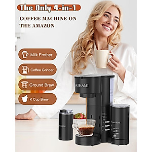 4 IN 1 Single Serve Coffee Maker with Milk Frother and Coffee Grinder, Coffee Maker for K Cup and Ground Coffee, with 30 oz Removable Water Reservoir, 6 to 14 oz. Brew Sizes, Coffee Machine for Home