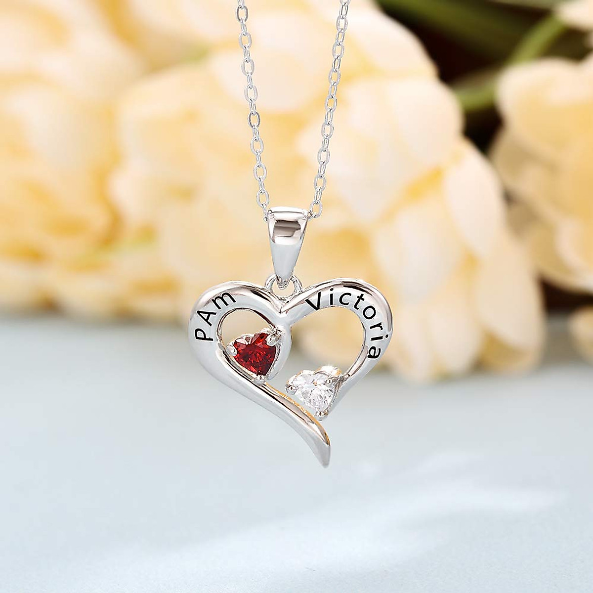 Zomodia Sterling Silver Personalized 2 Names Necklace with 2 Heart Simulated Birthstone Couple Pendant Necklace for Women (Silver#2)