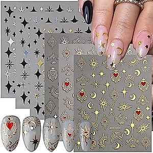 6 Sheets Sun Star Nail Art Stickers Bronzing Moon Nail Decals 3D Self-Adhesive Heart Nail Stickers Rose Gold Sliver Starlight Moon Star Nail Designs Sticker for Women DIY Acrylic Nail Art Supplies