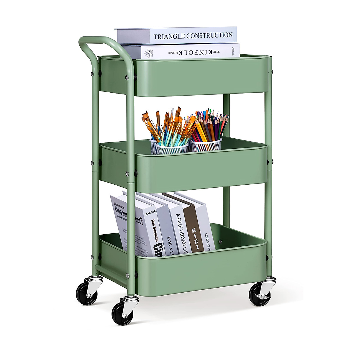 AOODA 3 Tier Under Desk Rolling Cart with Handle and Lockable Wheels, 27'' Height Small Metal Book Cart Mobile Art Cart Rolling Storage Organizer for Office, Kitchen, Bathroom (Aqua Green)