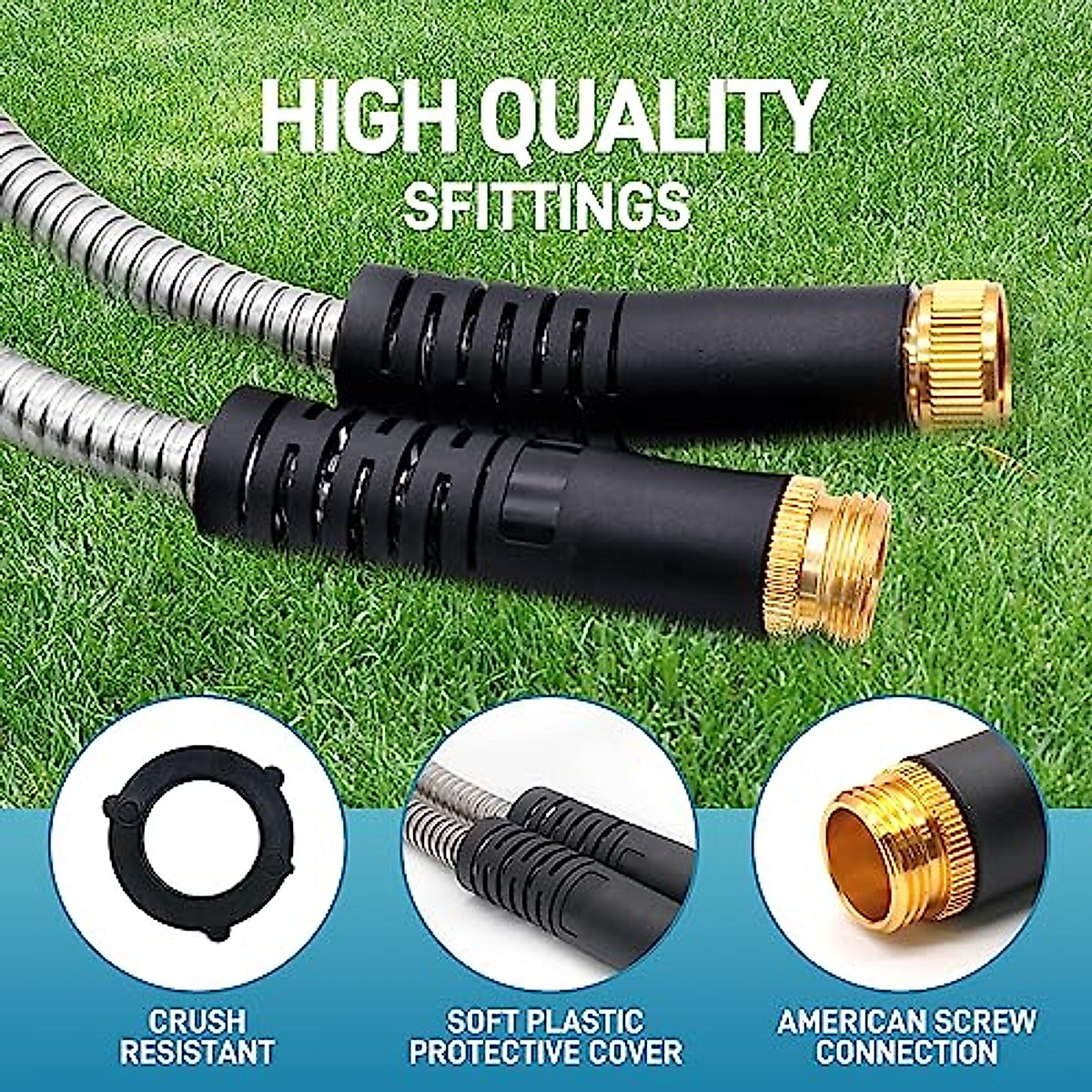Besiter Garden Hose 25FT Stainless Steel Water Hose with 10 Functions Adjustable Spray Nozzle,Heavy-Duty Metal Garden Hose Flexible Durable No-Tangle & Kink Leak Dog Proof Hose for Yard Lawn