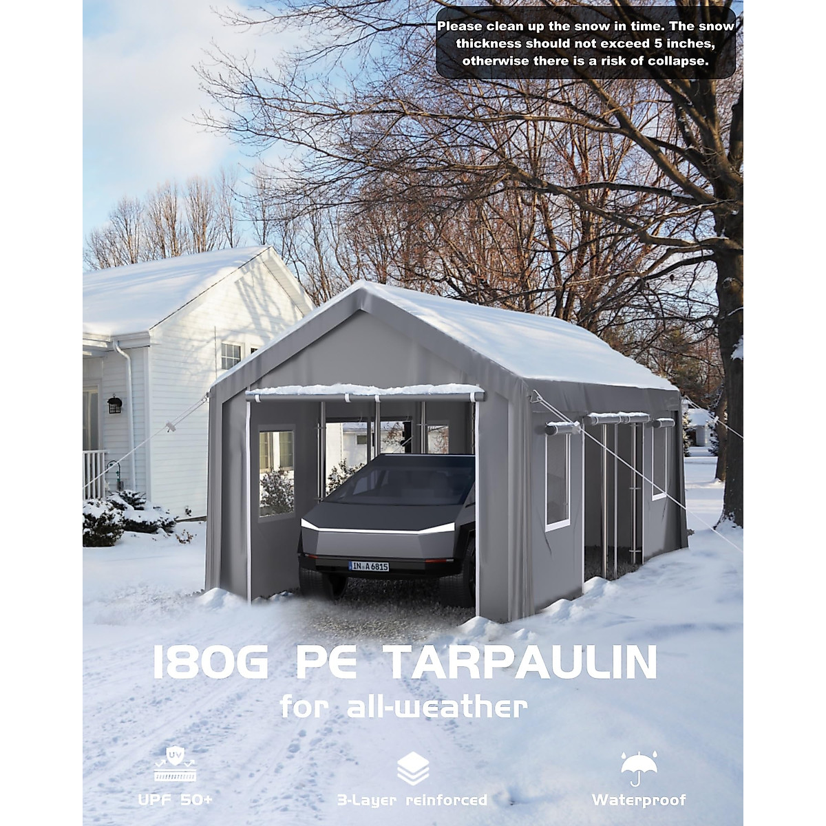 GarveeLife 13'x25'x11' Carport Oversized, Portable Garage with 180g PE Tarps, 19 Gauge Poles, 6 Roll-up Doors, and 4 Mesh Windows, Suitable for Full-Size Pickups Bass Boats, Tractors, and SUVs, Gray