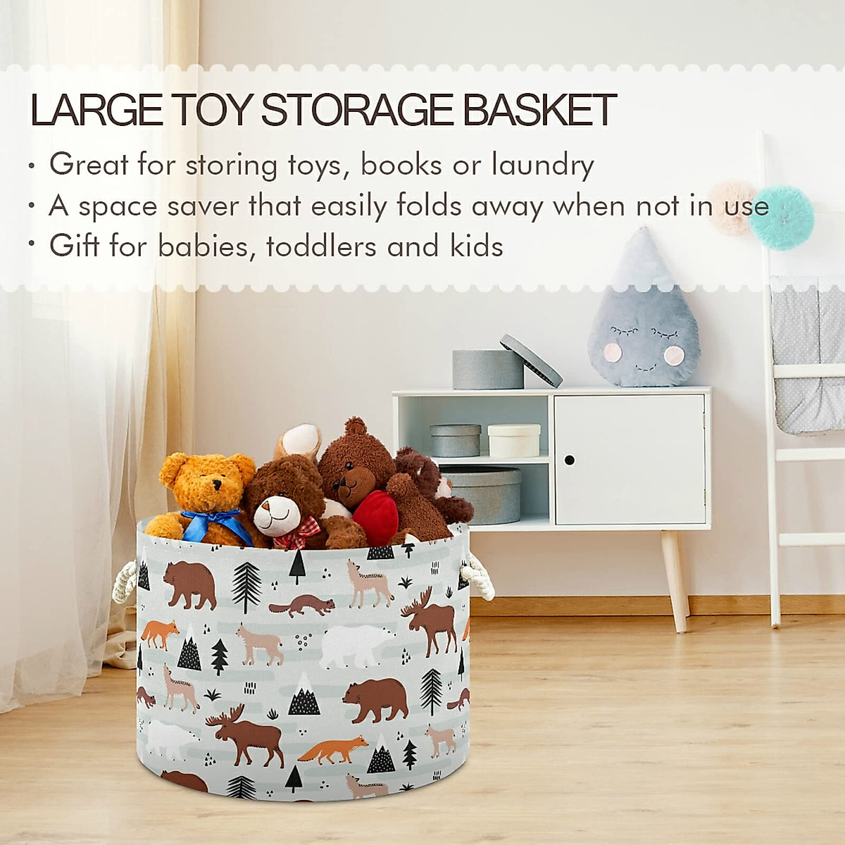 Moose Bear Foxes Trees Wolf Squirrel Seamless Forest Fauna Animals Round Storage Basket Bin, Baby Nursery Organizer with Handles for Toys Clothes, Large Foldable Bucket Waterproof Laundry Hamper