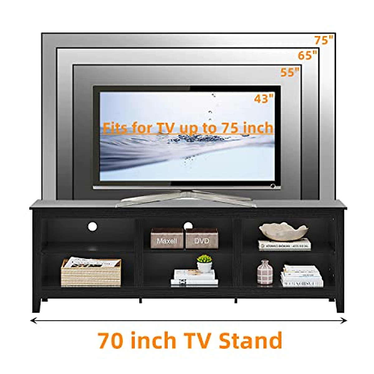 Panana TV Stand 6 Cubby Television Stands Cabinet 6 Open Media Storagefor TVs up to 80 Inches, 70 Inch (70 Inches Black)