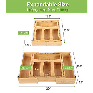 EVERLIVING Bamboo Ziplock Bag Organizer for Drawer & Countertop – Convenient 6-Slot Plastic Bag Organizer – Aluminum Foil Organization and Storage with Cutter – Ziplock Bag Storage Organizer