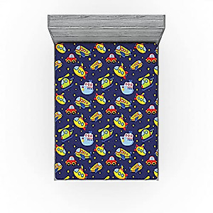 Ambesonne Cartoon Airplane Fitted Sheet Set, Funny Submarine Car Heli Pattern with Starry Ornaments on Indigo Tone Back, Bed Cover with All-Round Elastic Deep Pocket 2 Pcs, Full Size, Multicolor