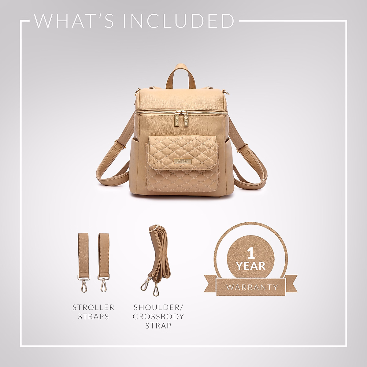 Petit Monaco Diaper Bag Backpack by Luli Bebe - Designer Modern Vegan Leather Diaper Bag Backpack with Gender Neutral Design, Cute Mini Diaper Bag Backpack (Latte Brown)