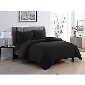 ZENVY Duvet Cover and Fitted Sheet 4pc Set - Includes Duvet Cover, Fitted Sheet, and (2) Pillowcases | 90GSM Brushed Microfiber with Button Closure (Black, Queen)