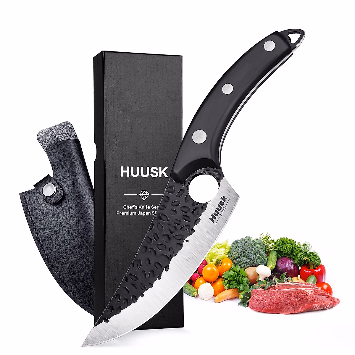 Huusk Knives from Japan, Boning Knife for Meat Cutting, Viking knife with sheath Caveman Ultimo Knife Hand Forged Full Tang Knife for Kitchen or Camping Gift for Dad